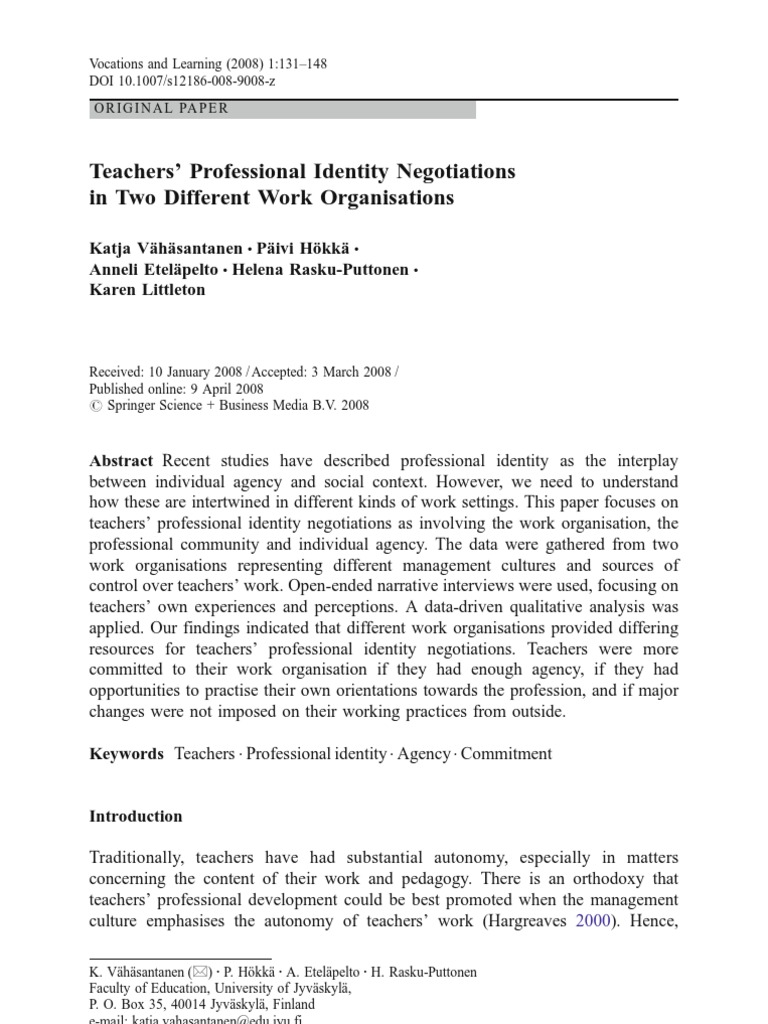 Teachers Profes Identity | PDF | Identity (Social Science) | Negotiation