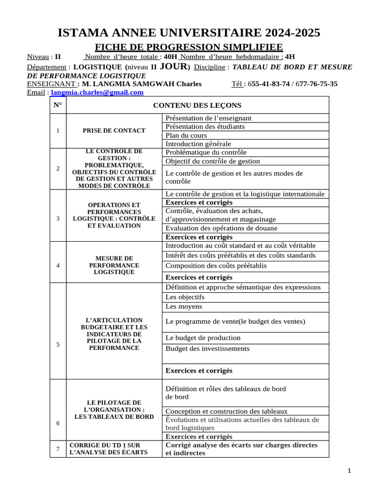 FICHE PROGRESSION CONTRÖLE DE GESTION ET TB | PDF
