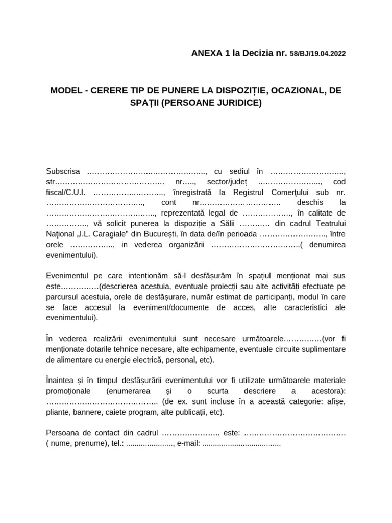 CERERE TIP PUNERE LA DISPOZITIE SALA - PERSOANA JURIDICA | PDF