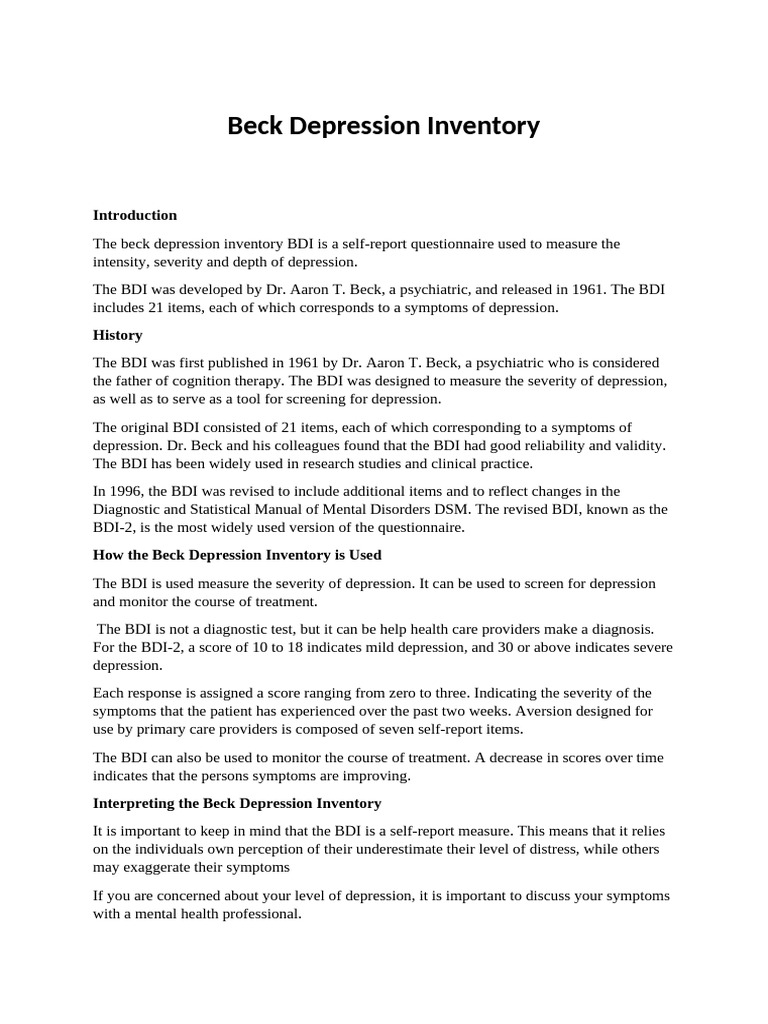 Beck Depression Inventory - 1 | PDF | Major Depressive Disorder ...