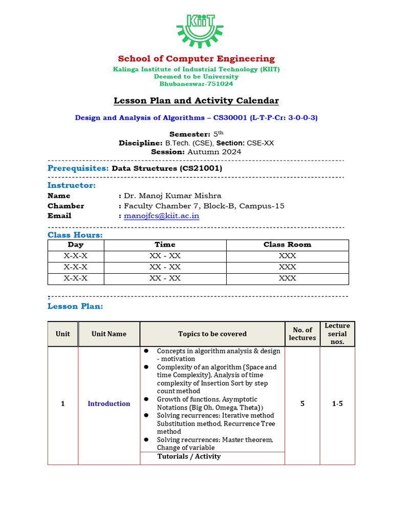 Autumn 2024 CS30001 DAA Complete Lesson Plan - Section CSE-XX | PDF