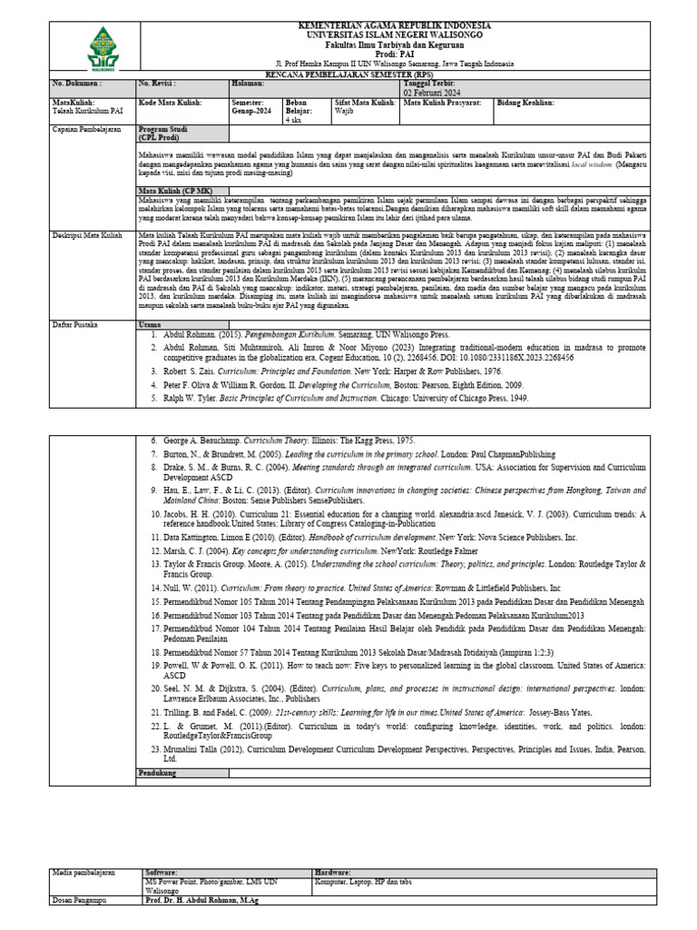 RPS Telaah Kurikulum PAI 12 Agustus 2024 - UPDATED | PDF
