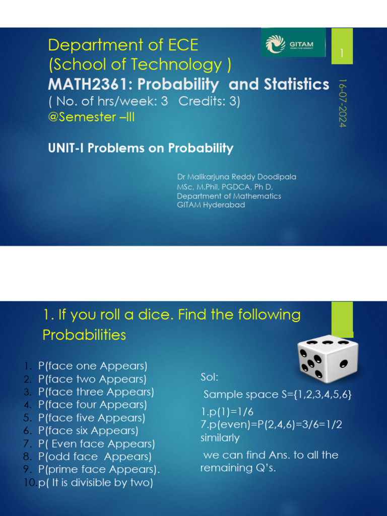 UNIT-I Lecture 7 Problems On Probability | PDF | Odds | Teaching ...