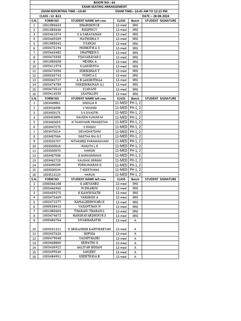 28-08-2024 Exam Seating Arrangment | PDF
