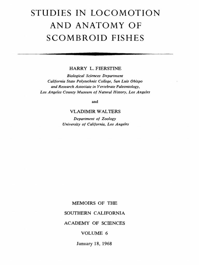1968 - Studies in Locomotion and Anatomy of Scombroid Fishes | PDF ...