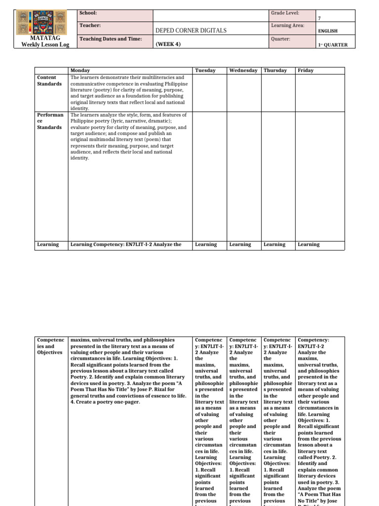 DLL Week 4 Grade7 Eng Deped Corner Digitals | PDF