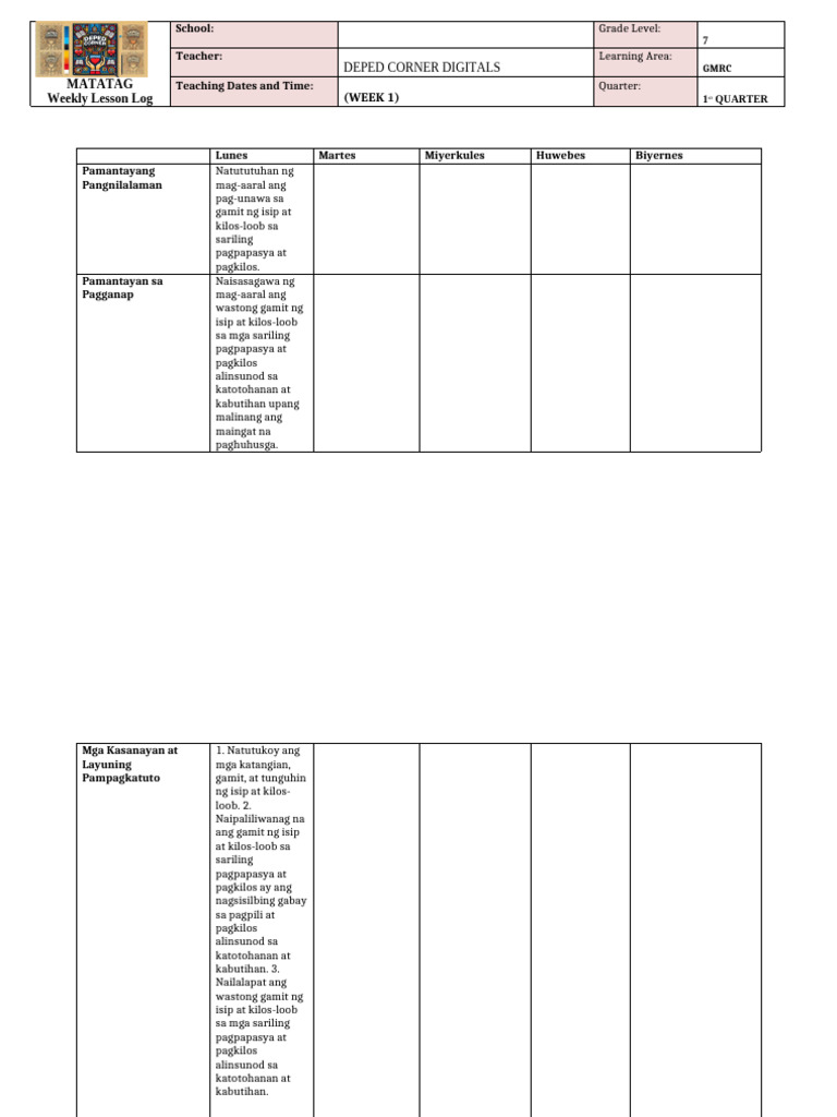 GMRC Grade 7 Week 1 Lesson Plan | PDF | Science & Mathematics