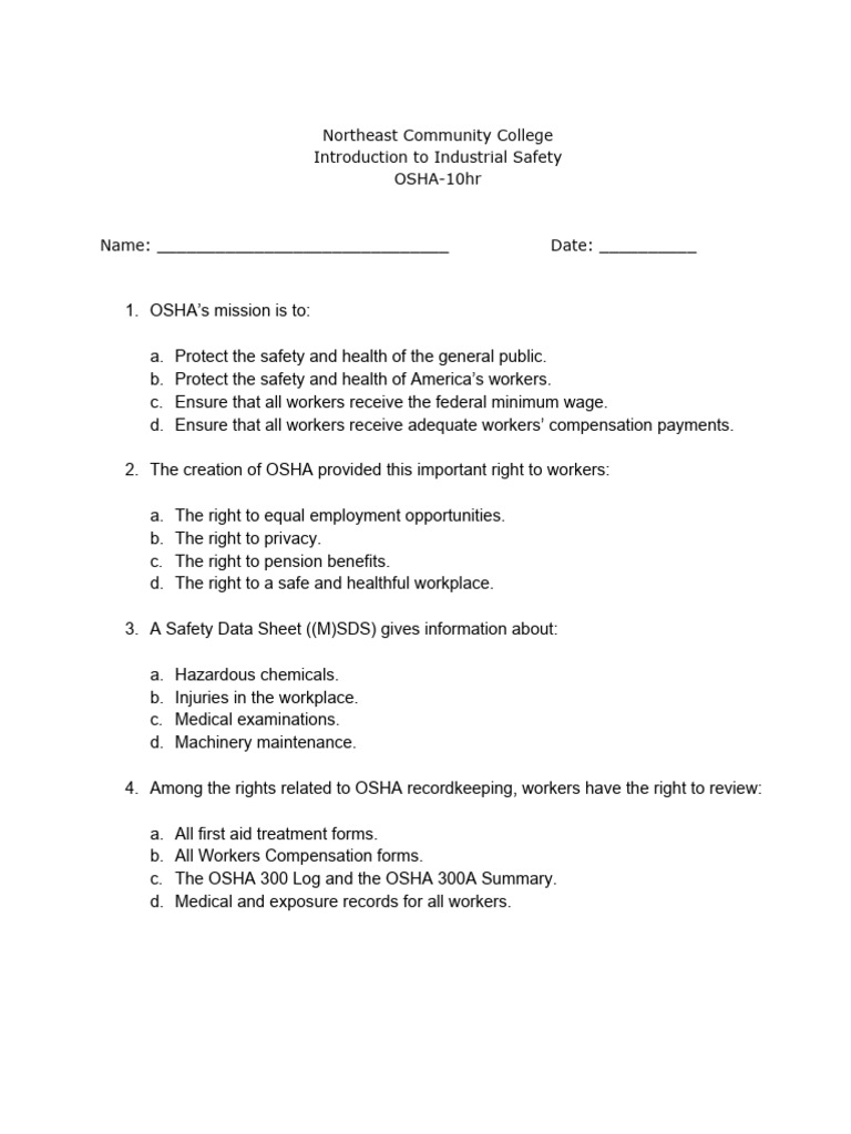 OSHA 10-Hour Comprehensive Exam - NECC | PDF