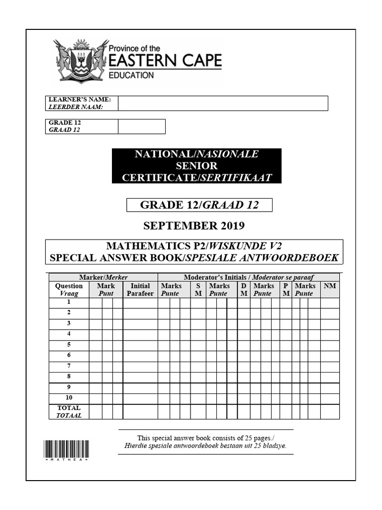MATH P2 GR12 ANSWERBOOK SEPT2019 - Afr - Eng D | PDF