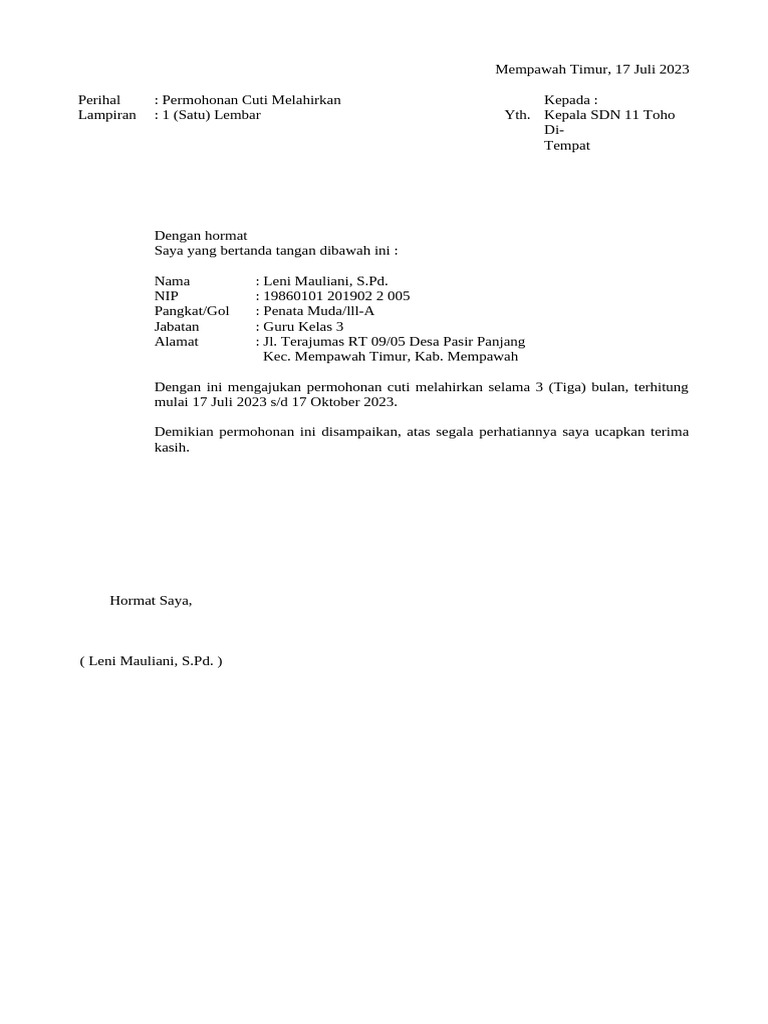 Surat Permohonan Cuti Melahirkan | PDF
