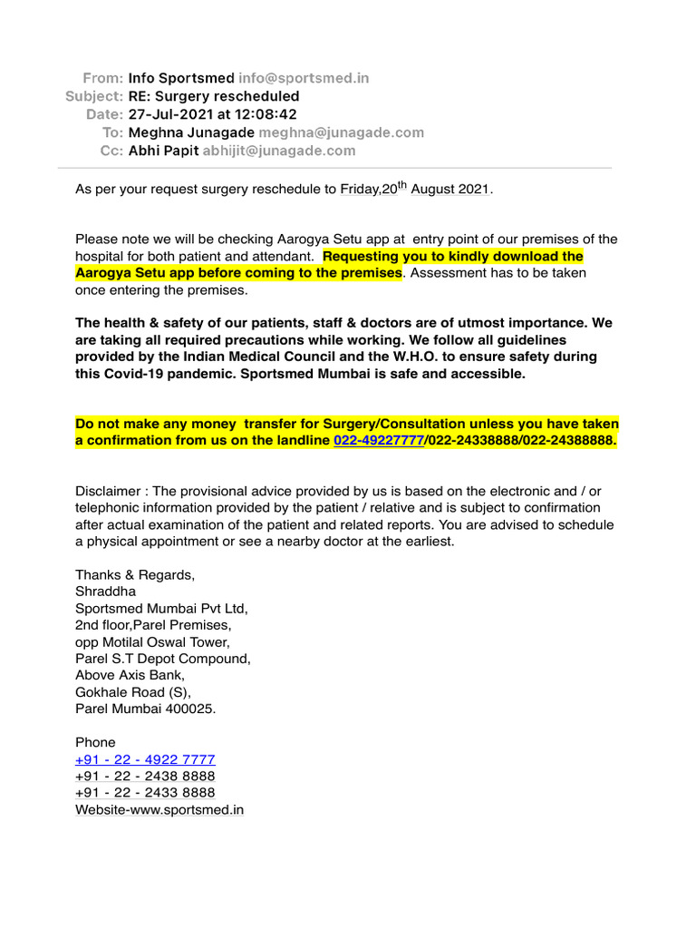 RE Surgery Rescheduled | PDF