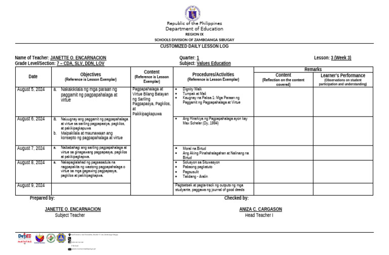 Grade 7 Values Education Lesson Plan | PDF