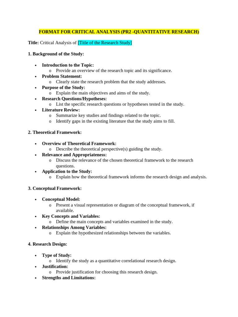 FORMAT FOR CRITICAL ANALYSIS of QUANTITATIVE RESEARCH | PDF