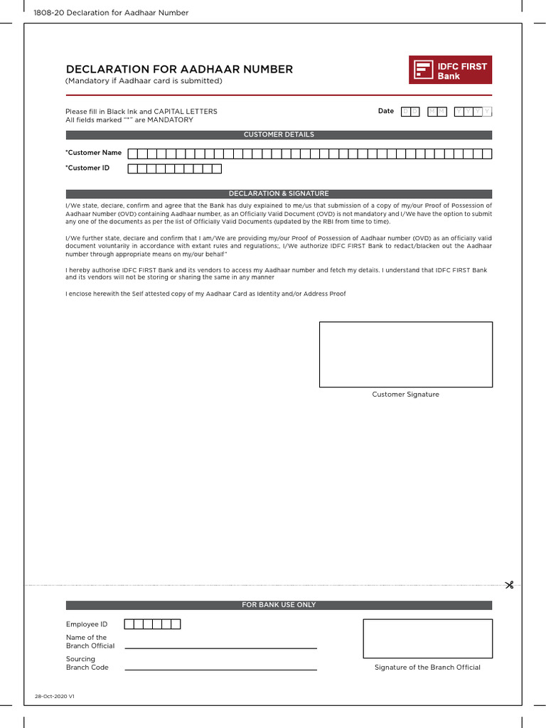Declaration For Aadhaar Number | PDF