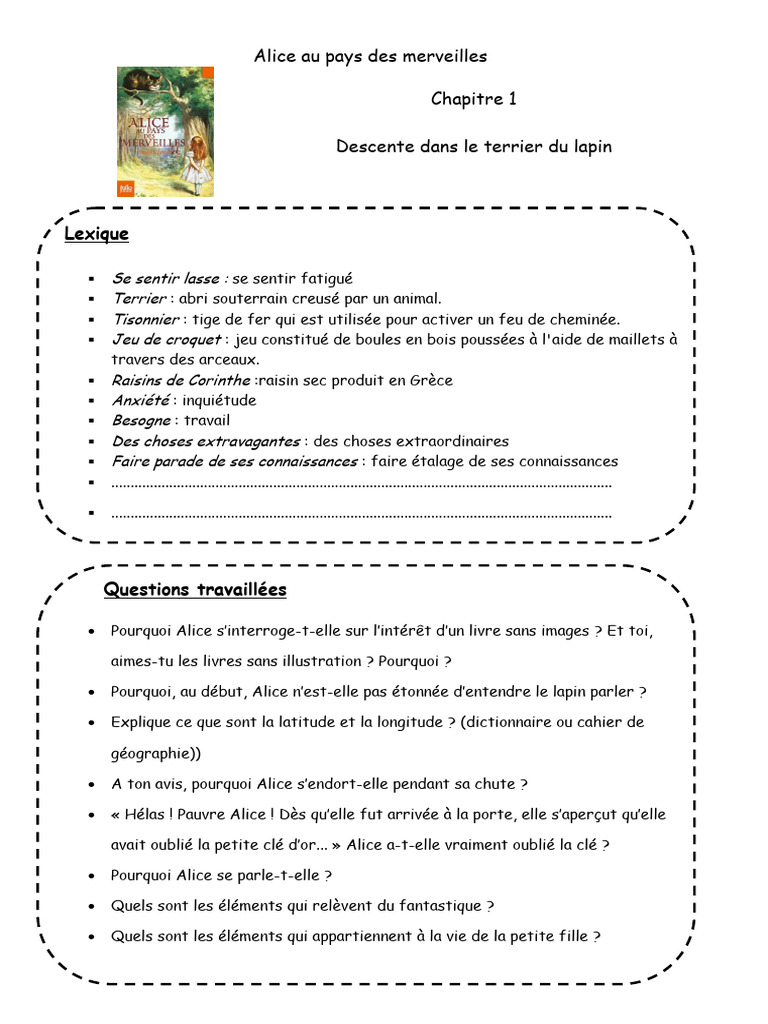 Lexique-et-questions-Alice-au-pays-des-merveilles | PDF