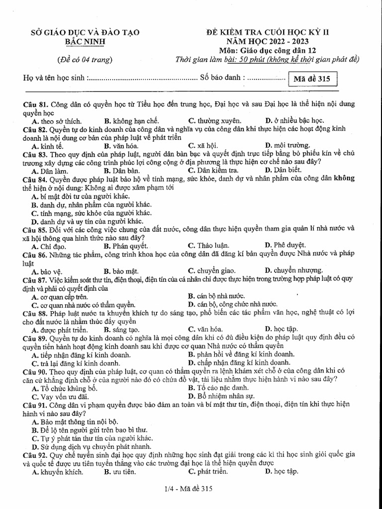 GDCD 12 - HK2 - Ma 315 - So BN | PDF