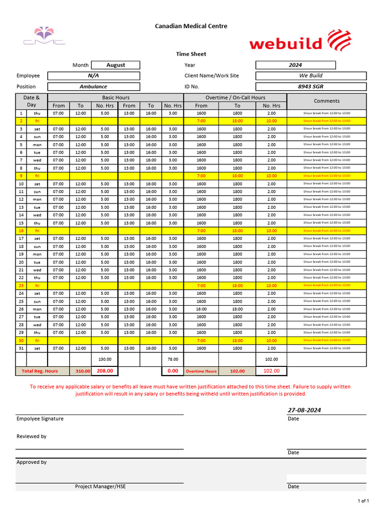 Ambulance 1 Timesheet | PDF