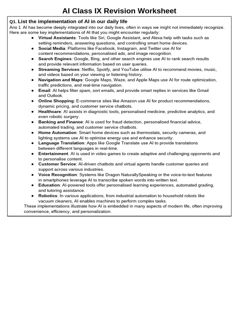 AI Class IX Revision Worksheet - Term - I | PDF | Artificial ...