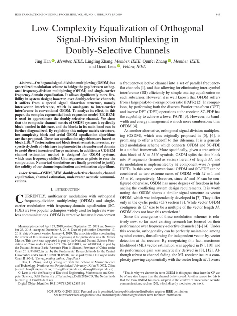 Low-Complexity Equalization of Orthogonal Signal-Division Multiplexing in Doubly-Selective ...