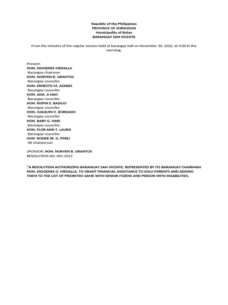 Resolution for Financial Aid to Solo Parents | PDF