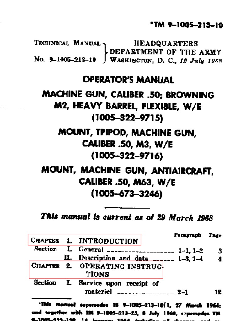 Browning Machine Gun Cal .50 - TM-9-1005-213-10 Operator's Manual ...
