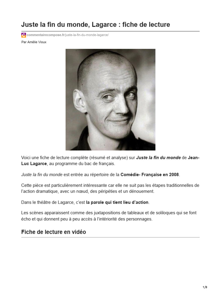 Juste La Fin Du Monde Lagarce Fiche de Lecture | PDF