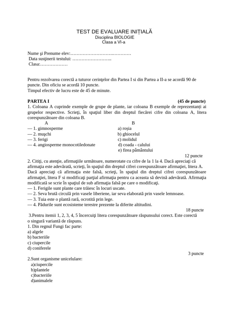 Test de Evaluare Initiala Clasa A VI A | PDF