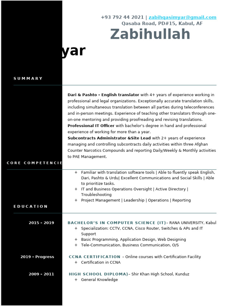 Zabihullah Qasimyar CV - 2019 | PDF