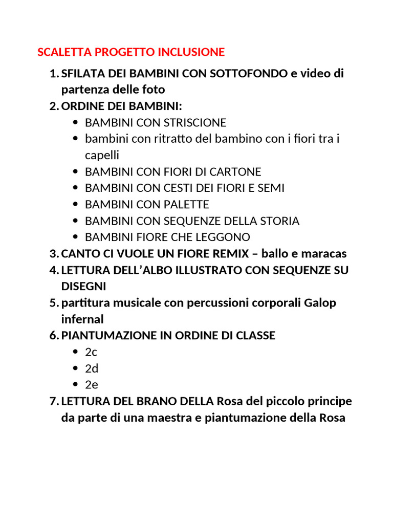 Scaletta Progetto Inclusione | PDF