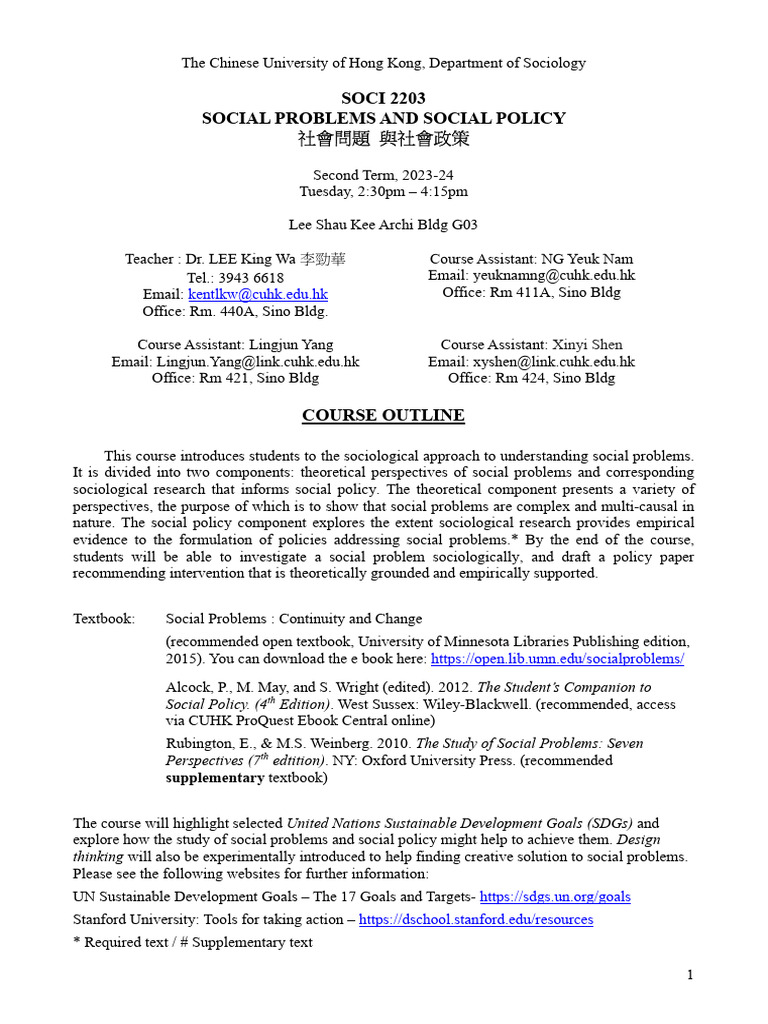 SOCI2203 Social Problems and Social Policy 202324 Course Outline (Jan 9) | PDF