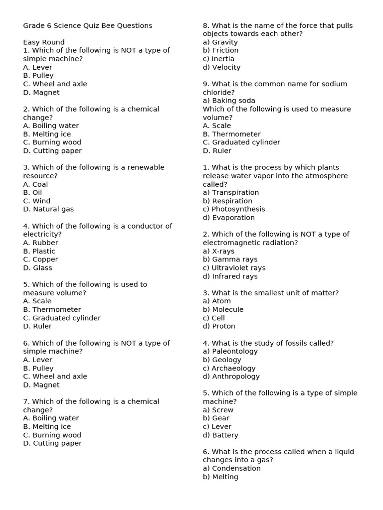 Grade 6 Science Quiz Bee Questions | PDF | Planets | Technology ...