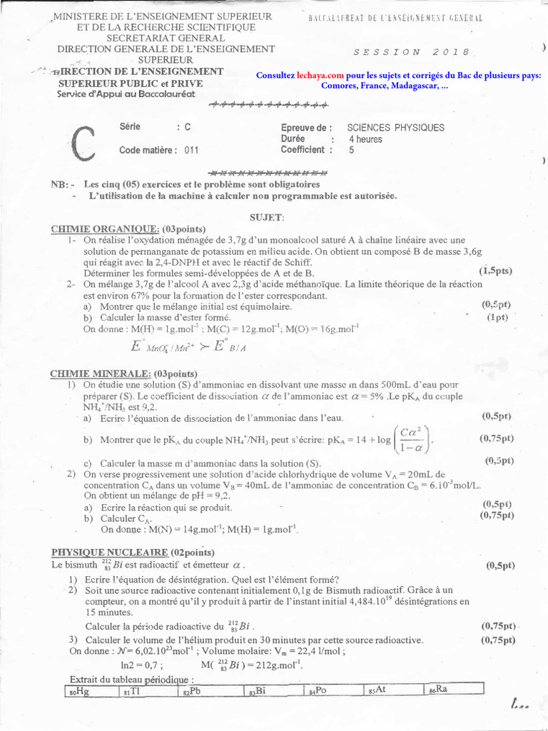 Stock LesPdf Examens BAC Madagascar Sujet 2018 Madagascar Sujet C Physique-Chimie Bac 2018 | PDF