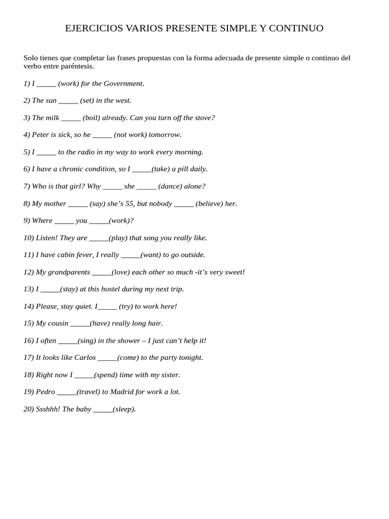 Ejercicios Varios Presente Simple y Continuo | PDF