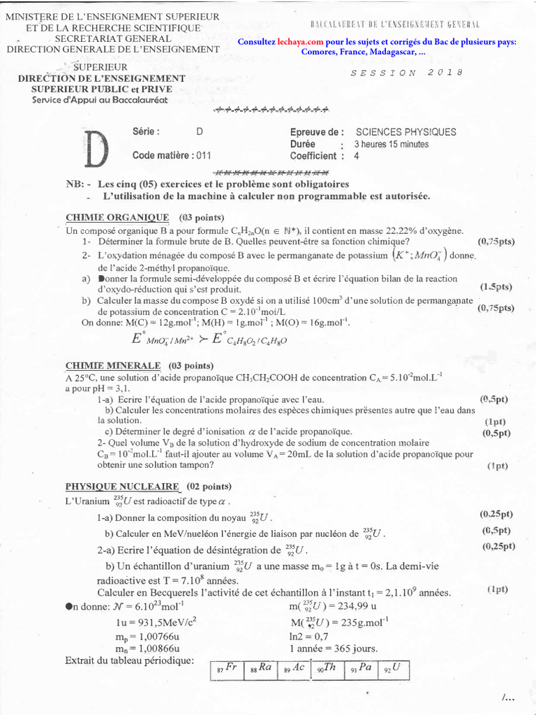 Stock_LesPdf_Examens_BAC_Madagascar_Sujet_2018_Madagascar_Sujet_D_Physique-Chimie_Bac_2018 | PDF
