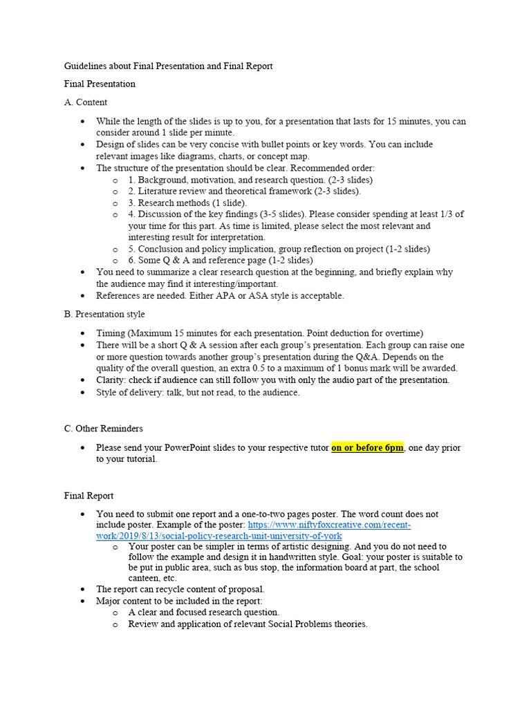 Guidelines About Final Presentation and Final Report | PDF