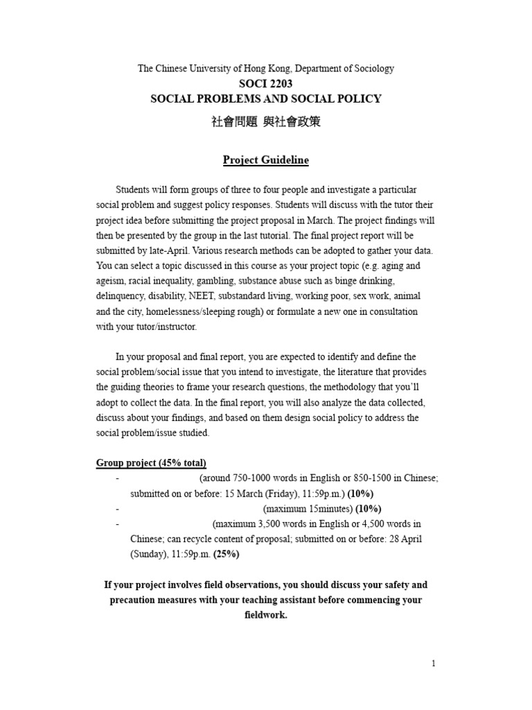 SOCI2203 Social Problems and Social Policy 202324 Project Guideline | PDF