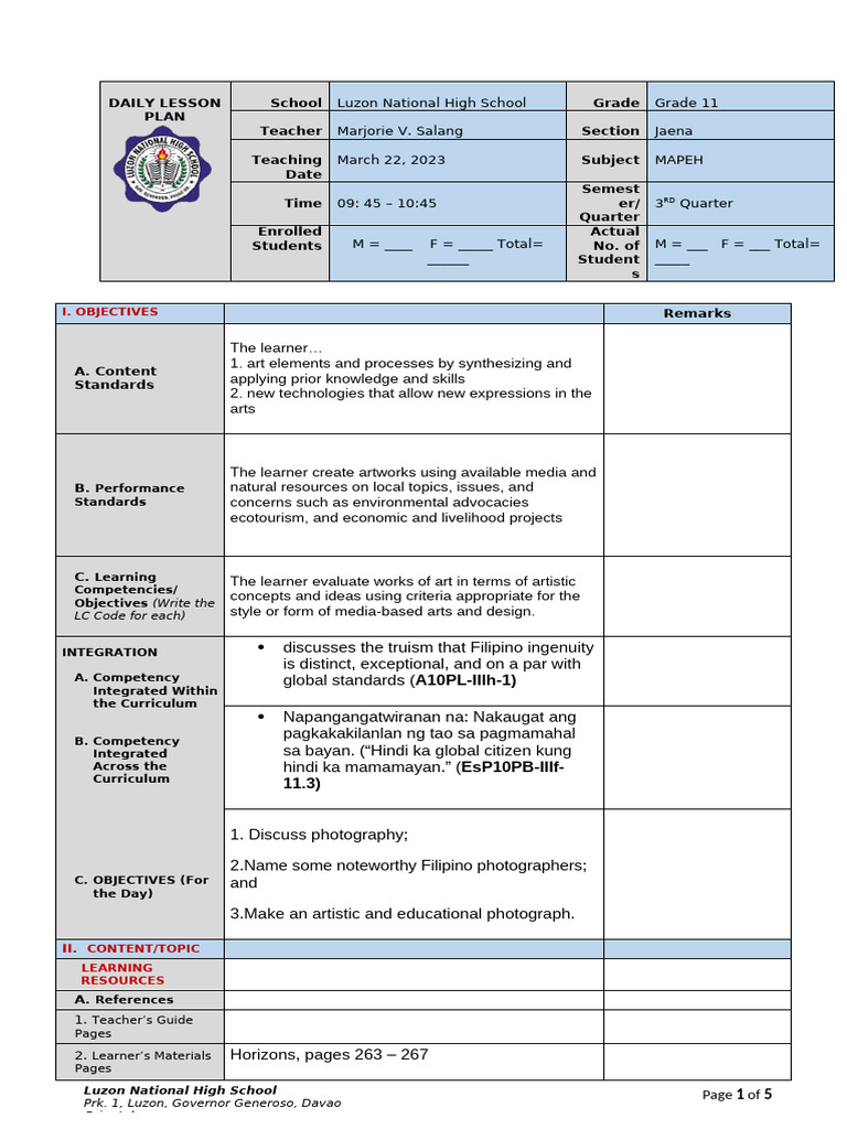 FBS Lesson Plan Semi Detailed | PDF