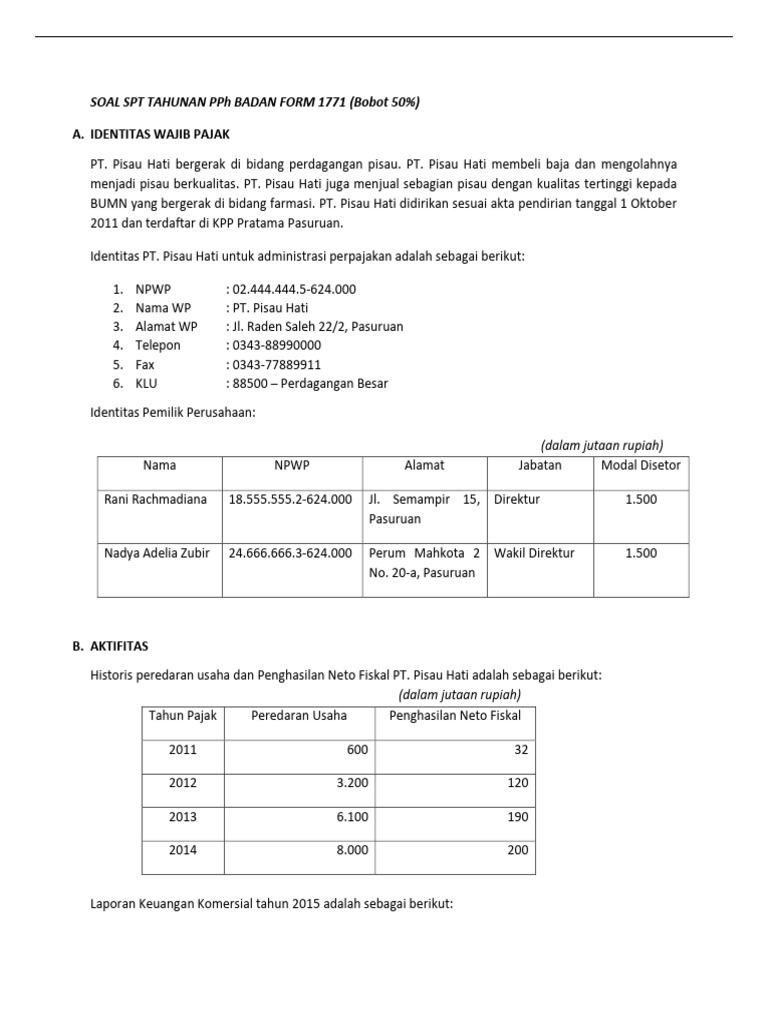 01 Sopoal SPT Tahunan PPH Badan Form 1771 PDF | PDF