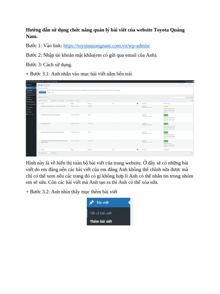 Hướng Dẫn Sử Dụng Chức Năng Quản Lý Bài Viết Của Website Toyota Quảng Nam | PDF
