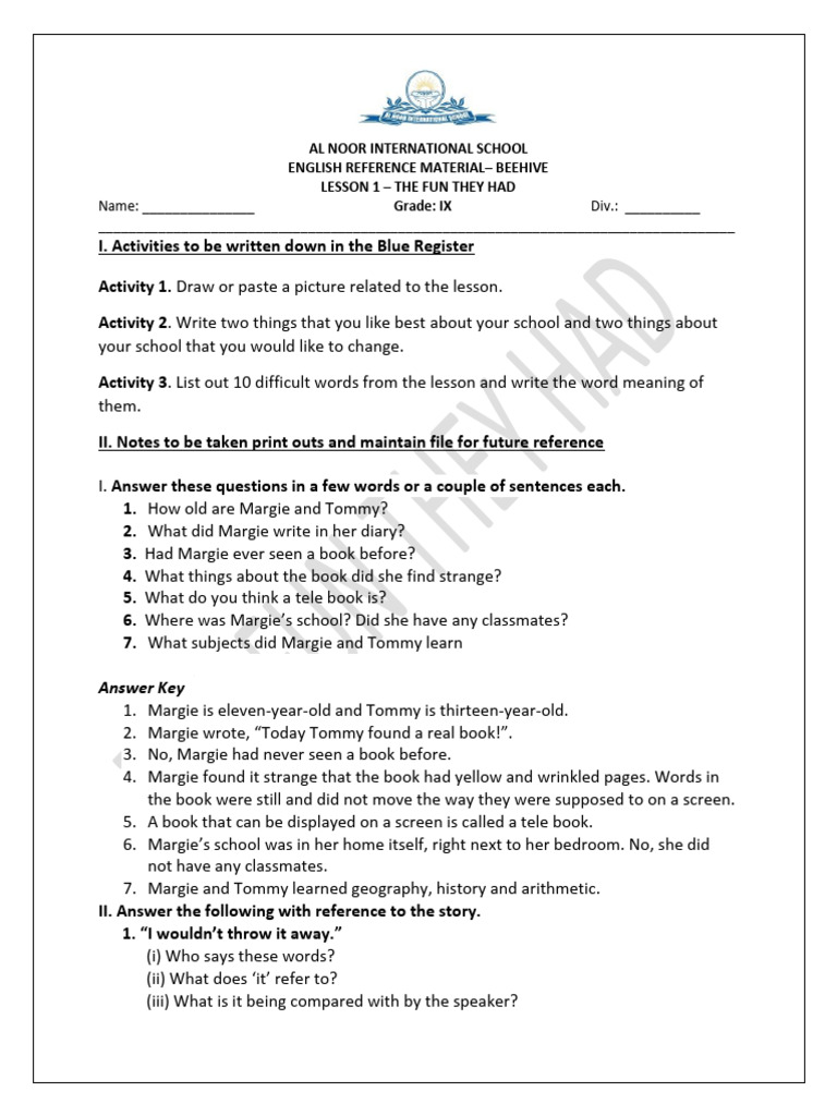 The Fun They Had - Reference Material - 2024-2025 | PDF