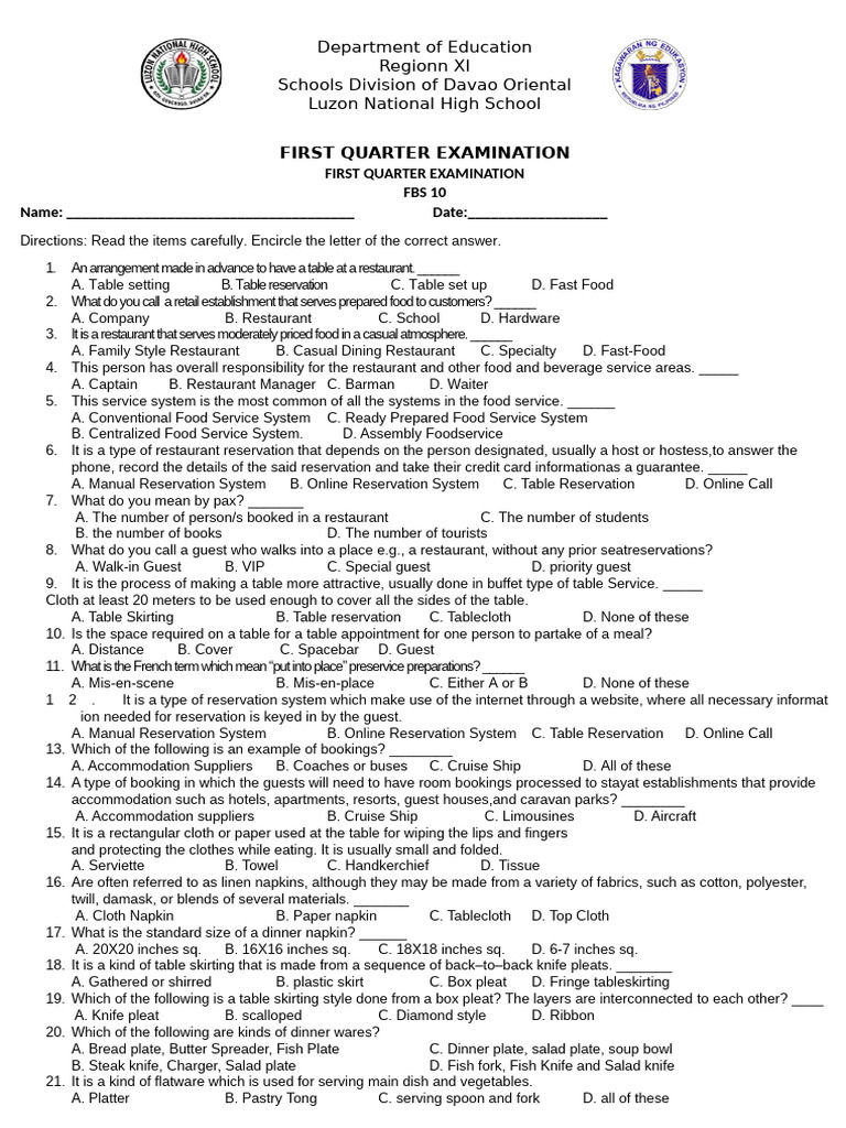FBS 10 1ST Grading Exam | PDF