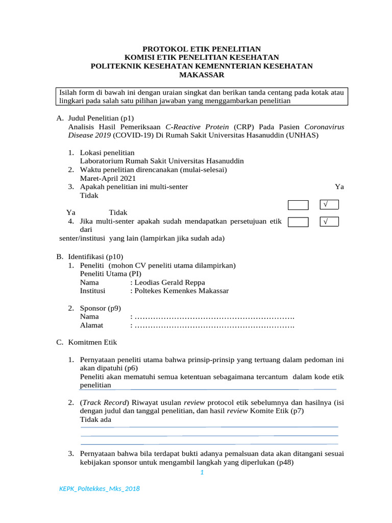 Format Protokol Penelitian Kepk-Mks New | PDF