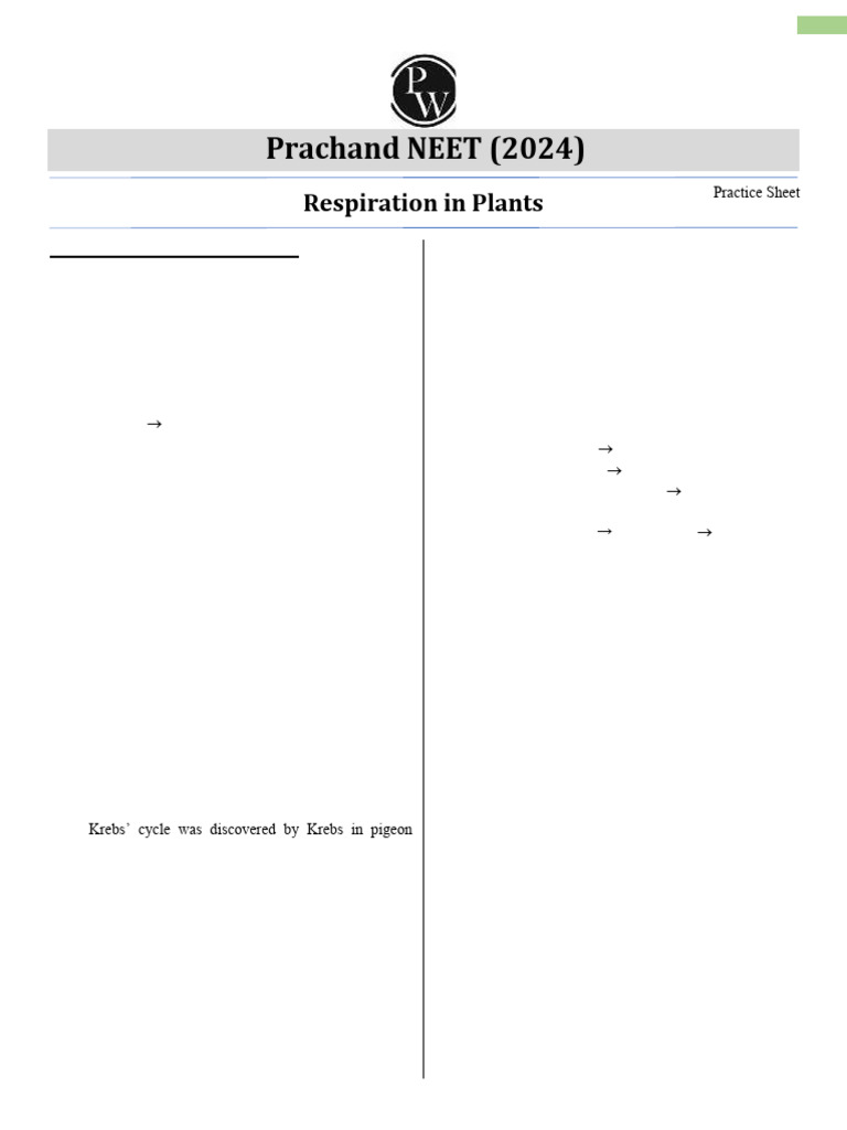 Respiration in Plants: Practice Sheet - Prachand NEET 2024 | PDF