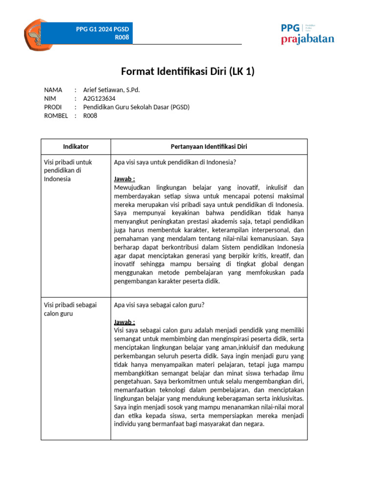 LK1-Format Identifikasi Diri PPG G1 2024 PGSD R008 | PDF