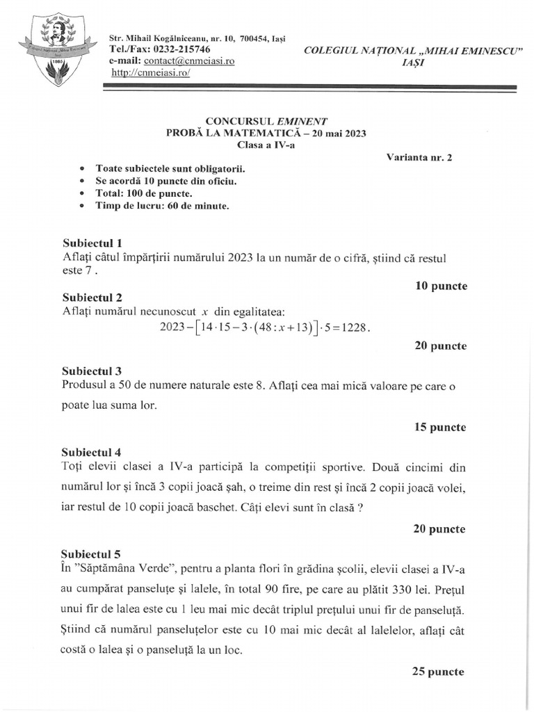 Subiecte Matematica 2023 | PDF