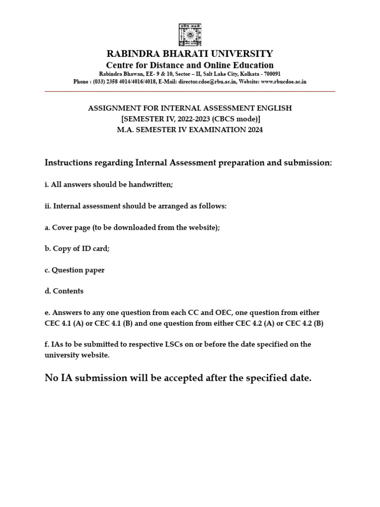 Internal Assessment Questions For English of The Session 2022 2023 For MA Semester IV ...