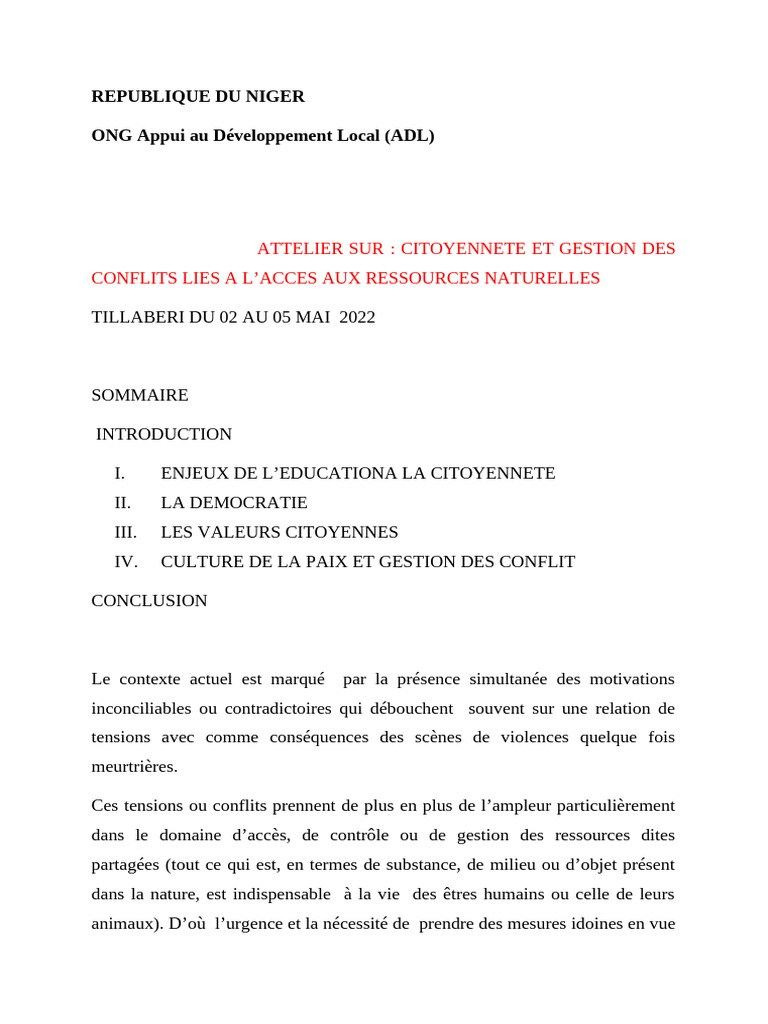 ATELIER SUR LA PREVENTION ET GESTION DES CONFLIT RELATIVEMENT A L'ACCES ...