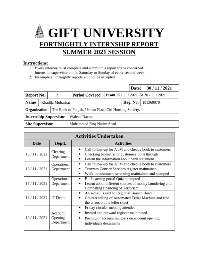 Fortnightly Internship Report Word File | PDF