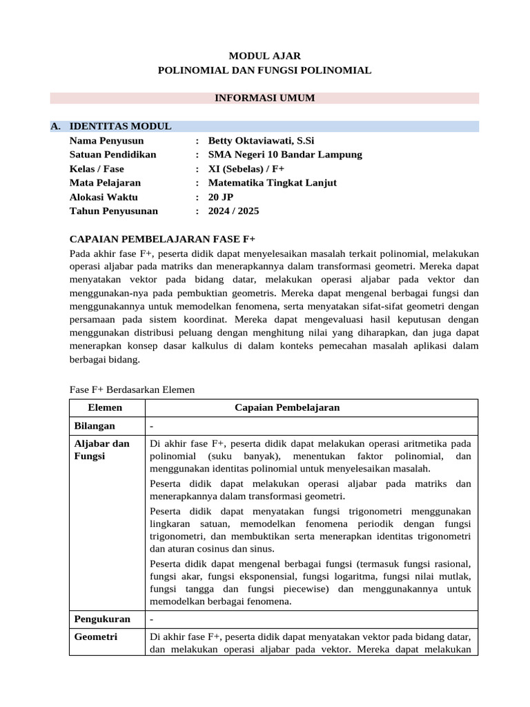Modul Ajar Polinomial | PDF