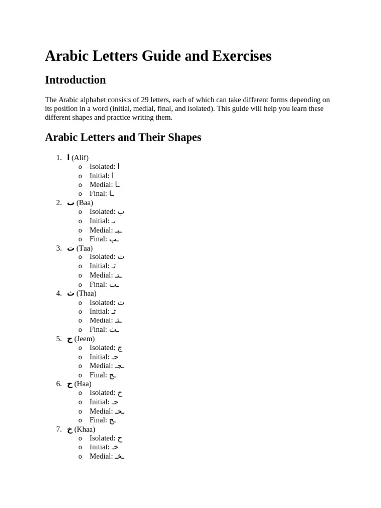 Arabic Letters Guide and Exercises | PDF | Semitic Words And Phrases ...